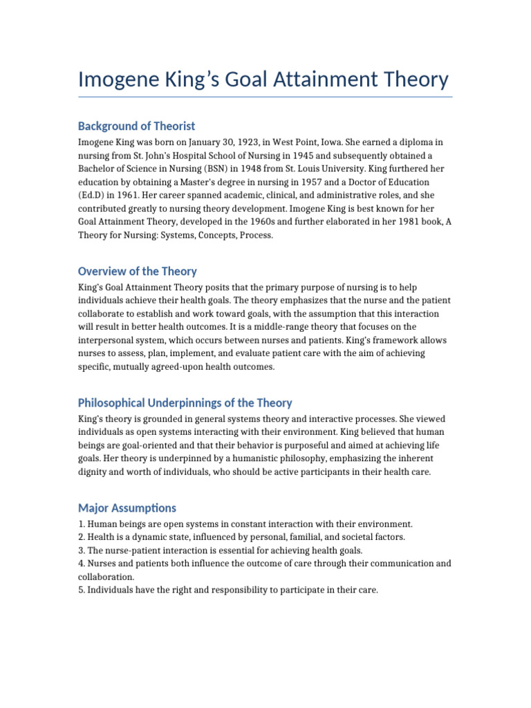 Imogene King Goal Attainment Theory Assignment | PDF | Nursing | Goal ...