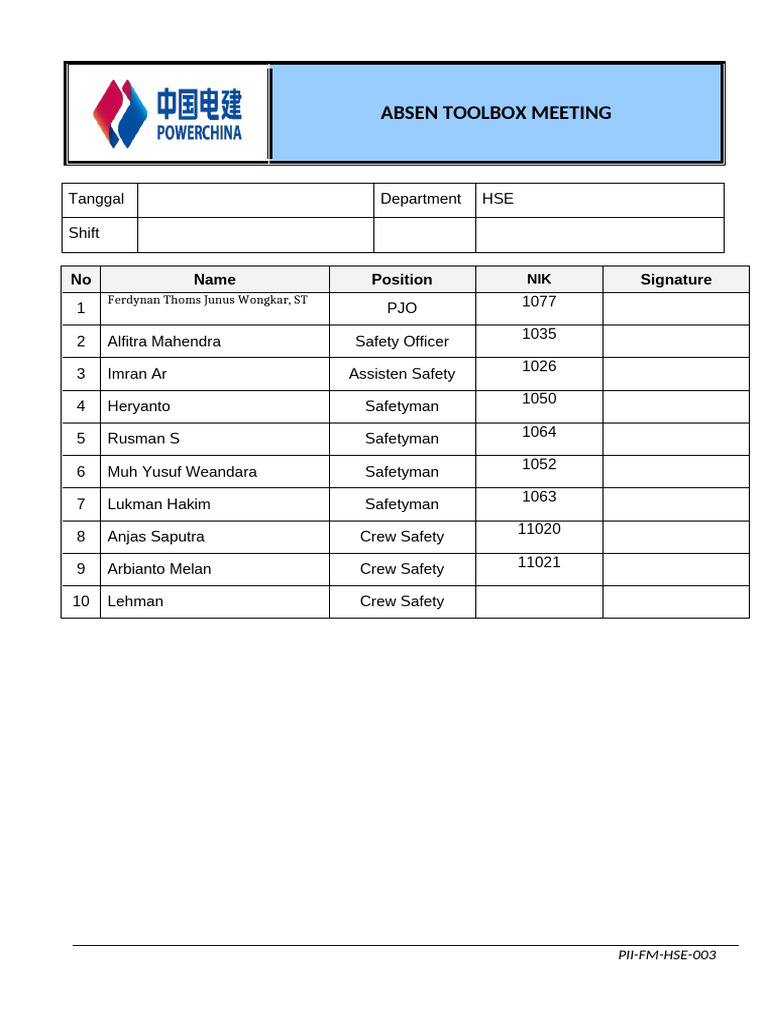 PII-FM-HSE-003 Daftar Hadir HSE | PDF