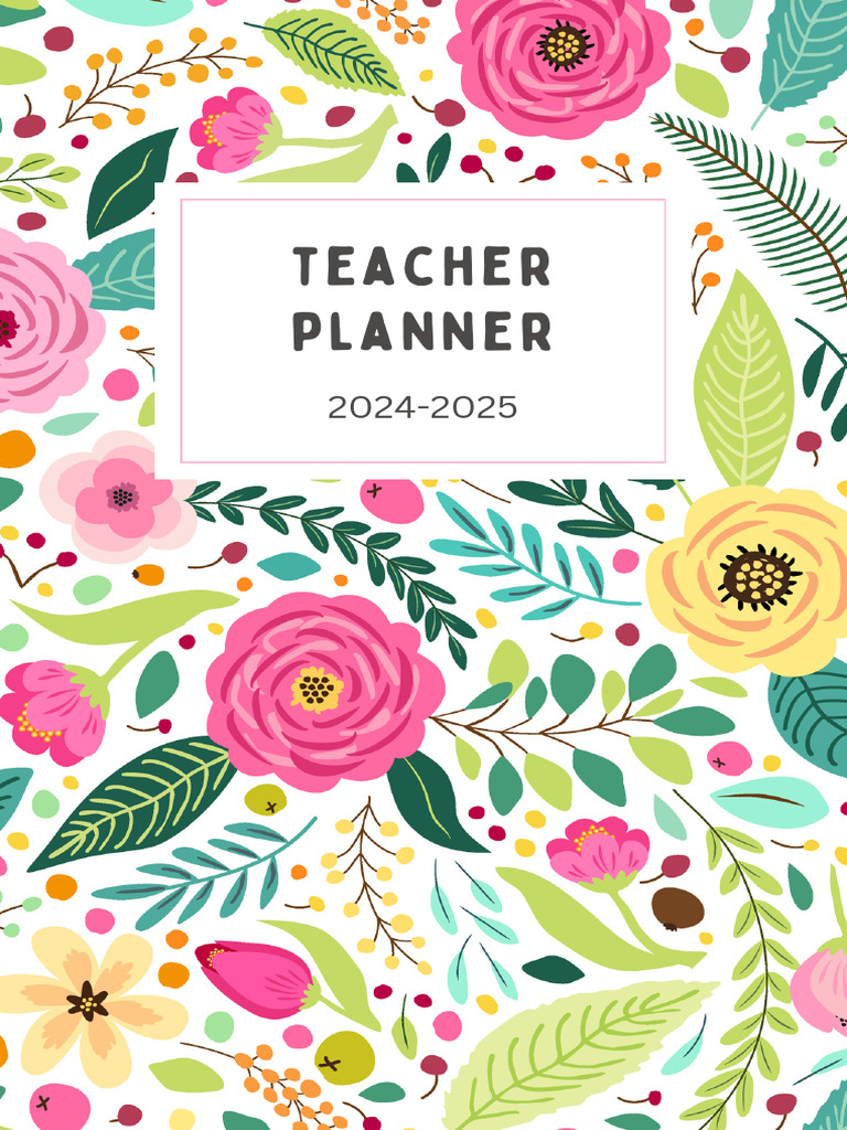 Teacher Planner For 2024 in Green and Pink Simple Flowers Style | PDF