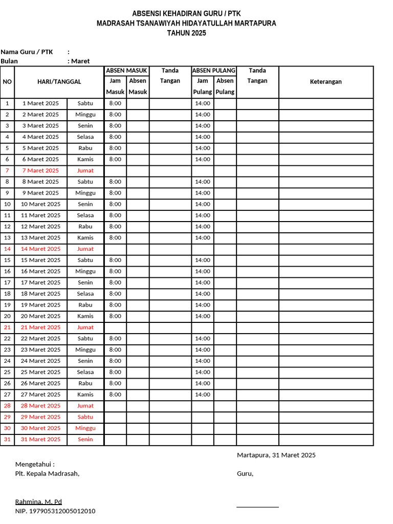 Aplikasi Template-Absensi-EMIS GURU Non Sertifikasi | PDF