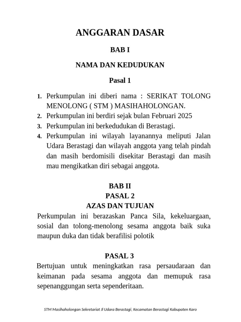 ANGGARAN Dasar STM MARSIHAHOLONGAN 2025 2027 | PDF