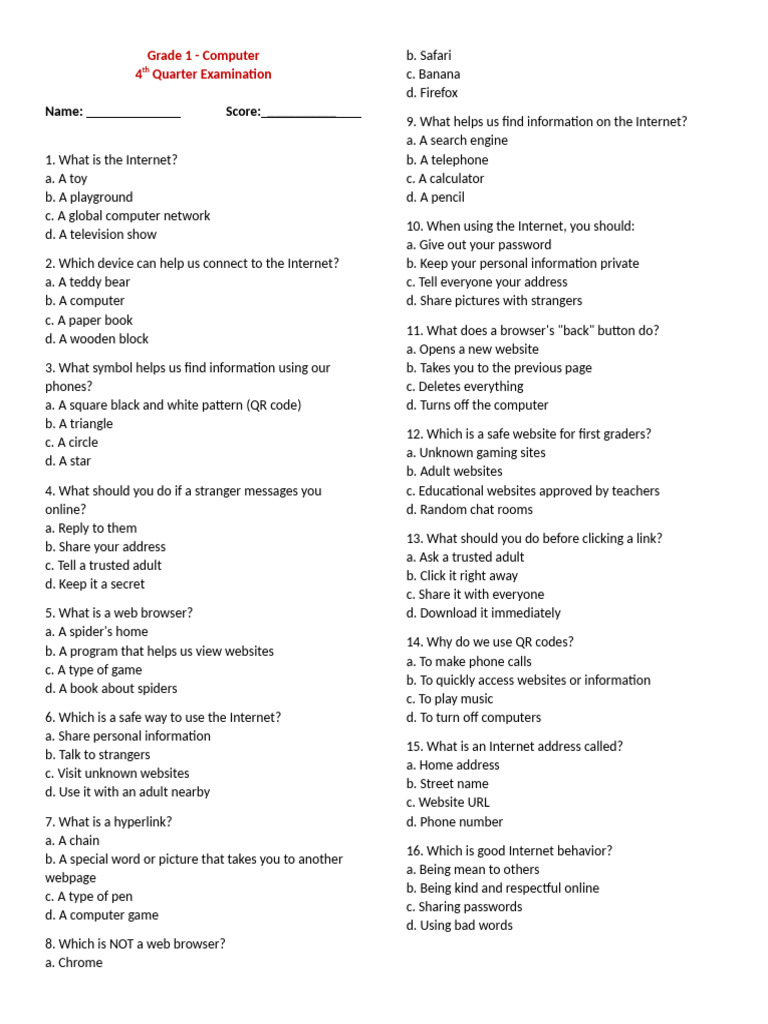 Grade 1 - 4th Quarter Examination | PDF