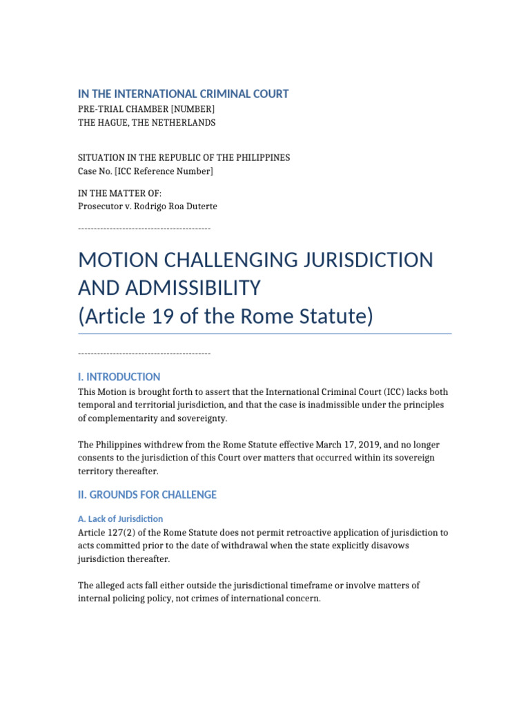 Motion Challenging ICC Jurisdiction PRRD | PDF | International Criminal ...