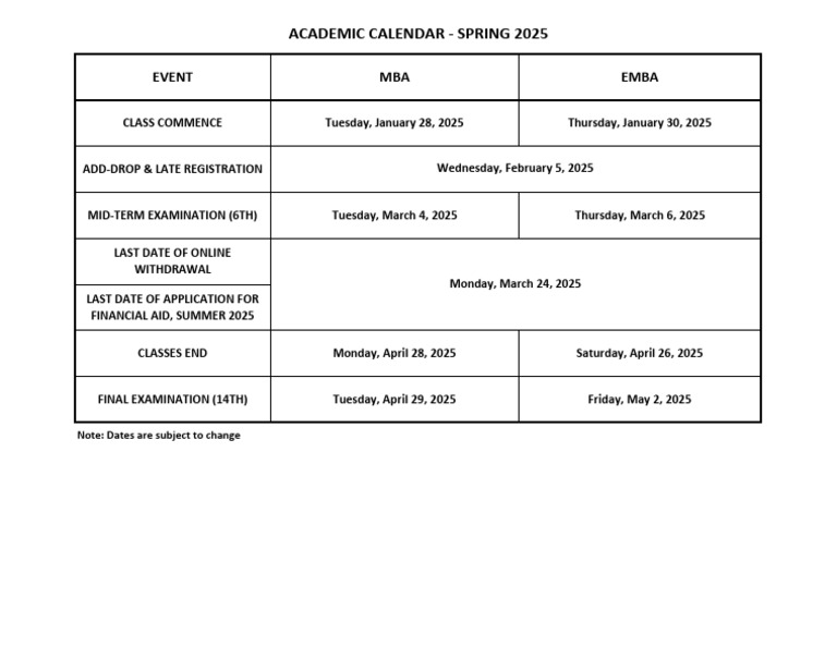 Academic Calendar - Spring 2025 | PDF