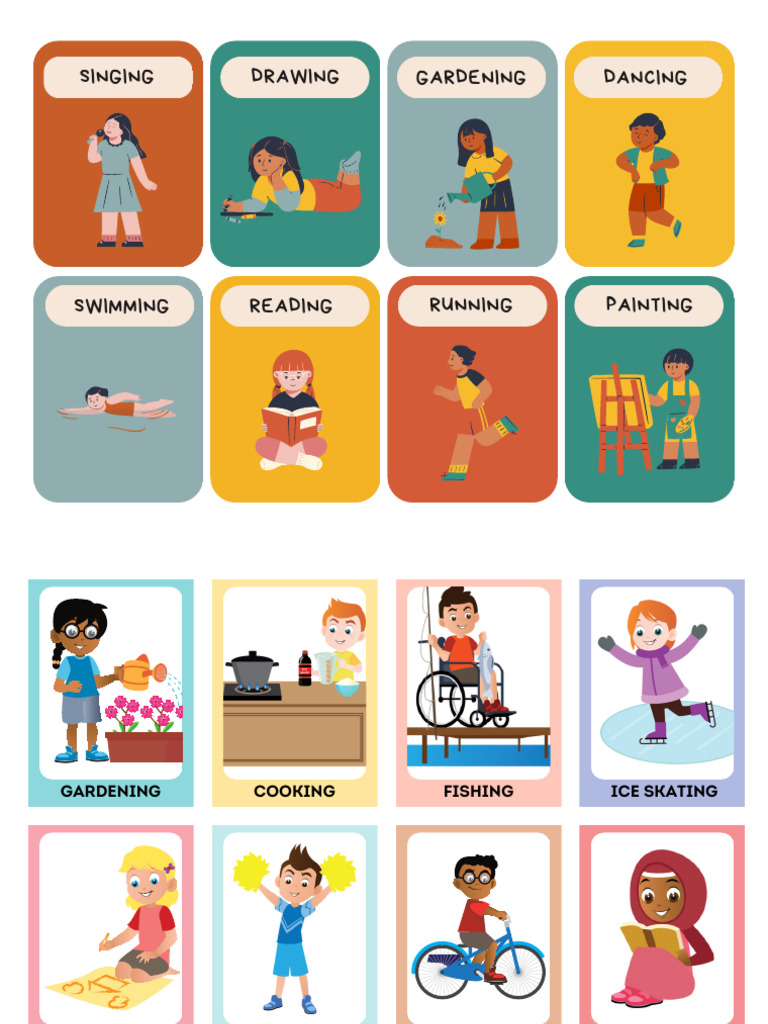 Colorful Illustrated English Hobbies Flashcards | PDF