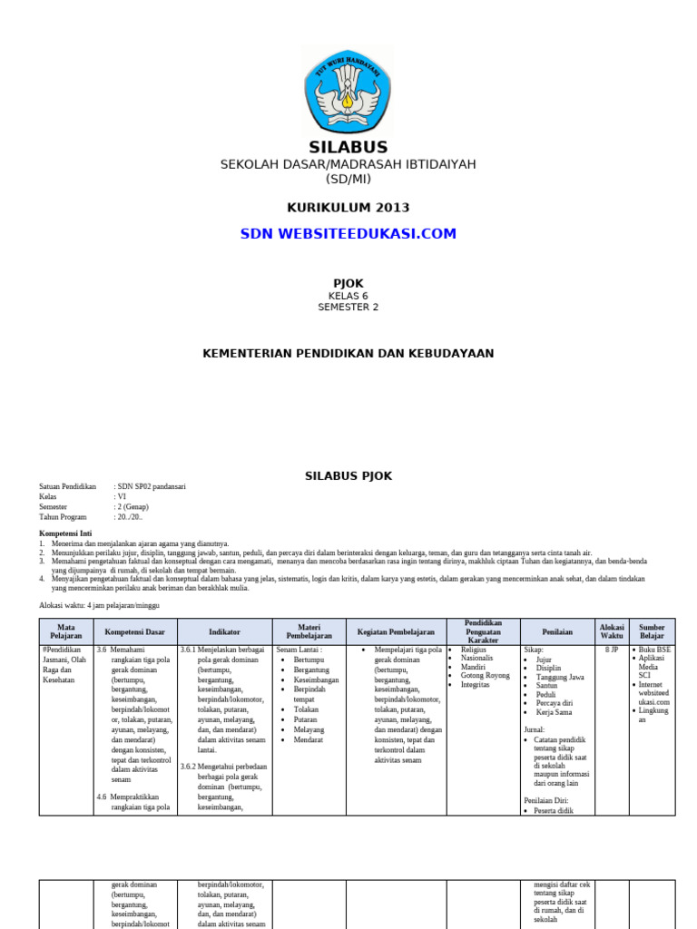 Silabus PJOK 6 Genap K13 - 9 Komponen | PDF