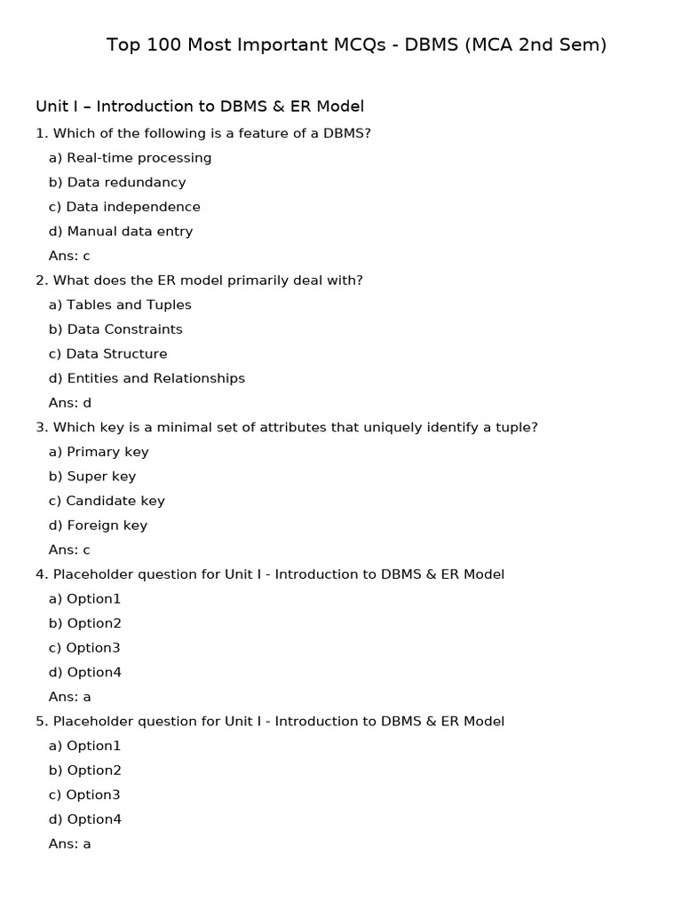 DBMS Important 100 MCQs MCA | PDF | Database Transaction | Relational Model