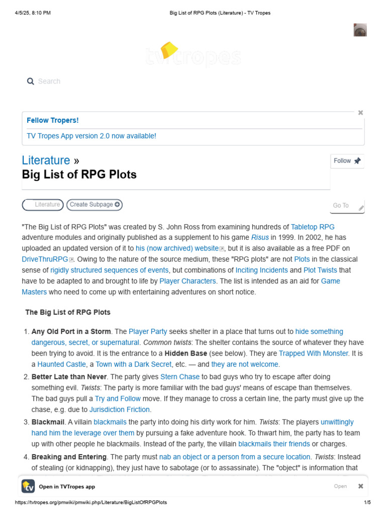 Big List of RPG Plots (Literature) - TV Tropes | PDF | Role Playing Games