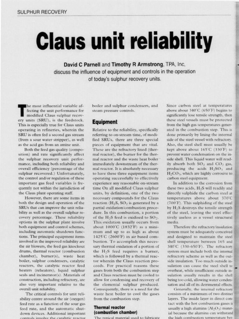 Claus Unit Reliability | Download Free PDF | Refractory | Boiler