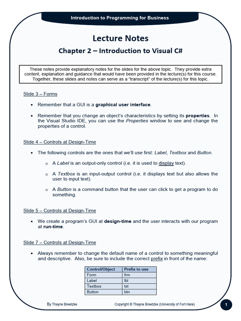 Lecture Notes On Chapter 2 - Introduction To Visual C# | PDF ...