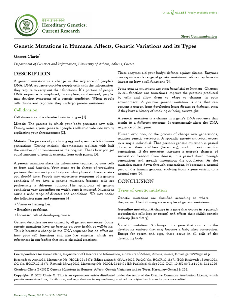Genetic Mutations in Humans Affects Genetic Variations and Its Types ...