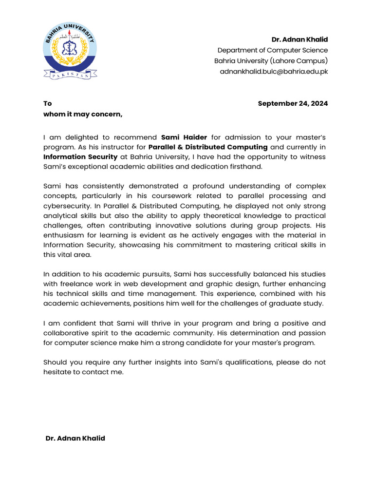 DR Adnan Khalid Recommendation Letter | PDF