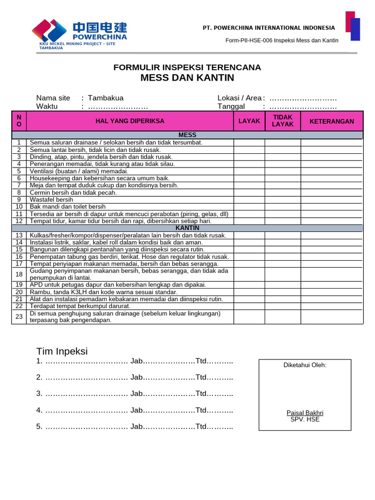 Form-PII-HSE-006 Inspeksi Mess Dan Kantin | PDF