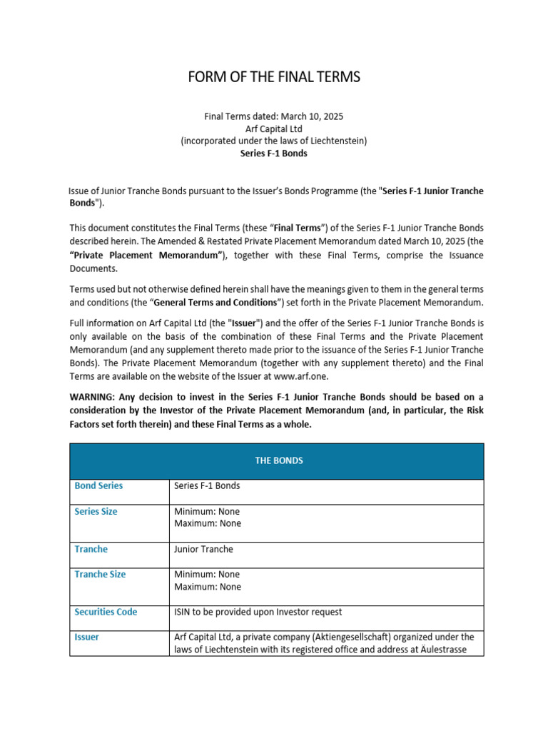 Arf Capital Series F-1 (3-Month) Junior Tranche Bonds Final Terms | PDF | Bonds (Finance ...