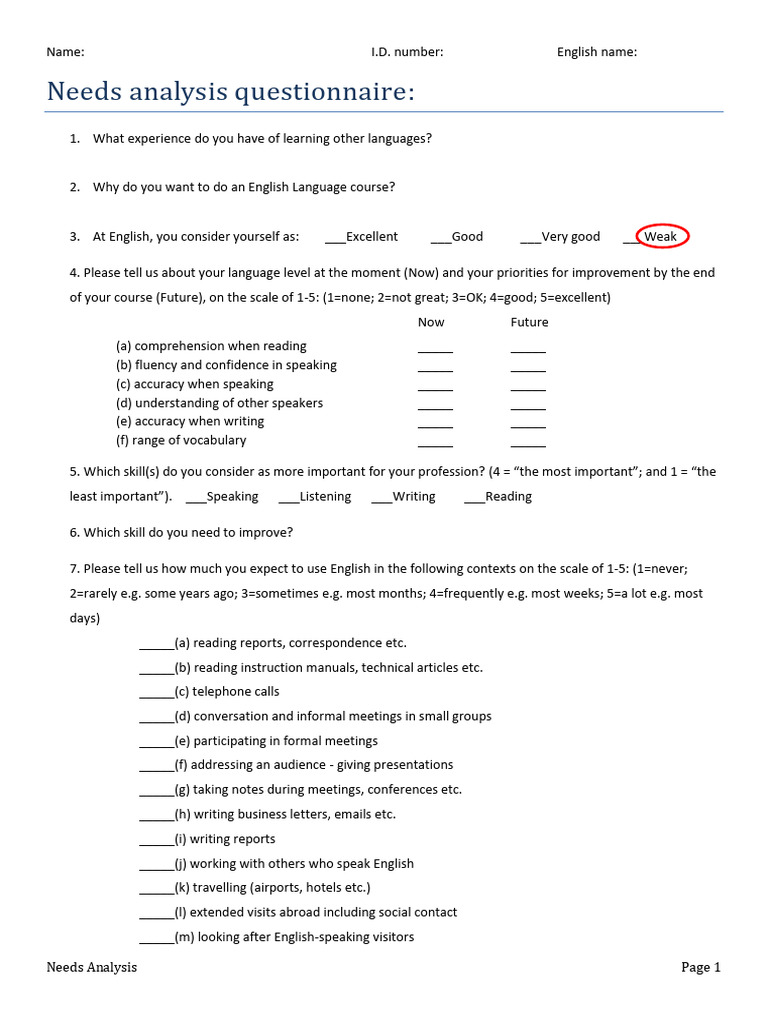 Needs Analysis Questionnaire - 2025 | PDF | English Language | Reading ...