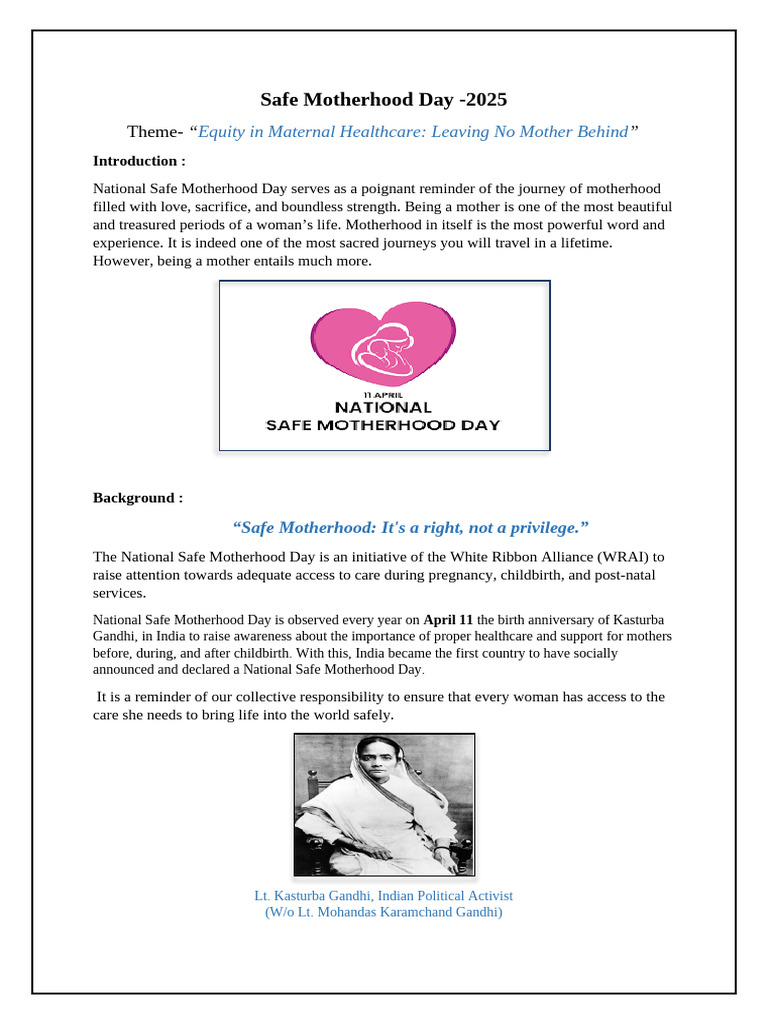 Safe Motherhood Day 2025: Equity in Care | PDF | Maternal Death | Pregnancy