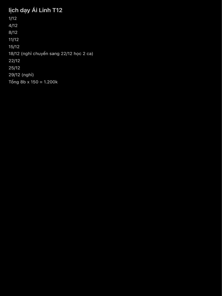 Lịch Dạy Ái Linh T12 | PDF