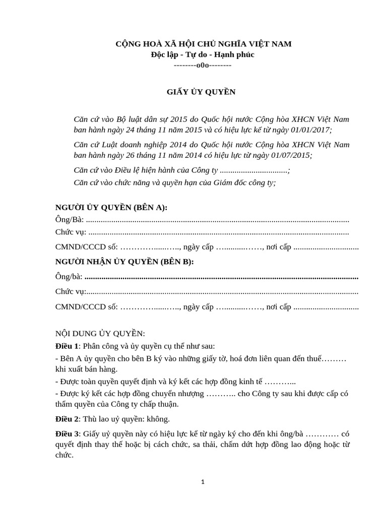 Mau Giay Uy Quyen Cua Giam Doc de Ky Thay | PDF