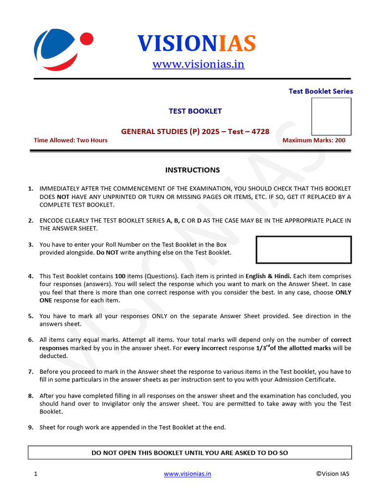 General Studies Test Booklet 2025 | PDF