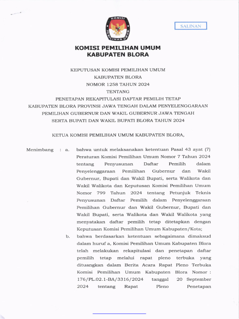 SK Kpu 1258 Tahun 2024 | PDF