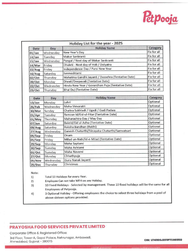 Holiday List 2025 | PDF