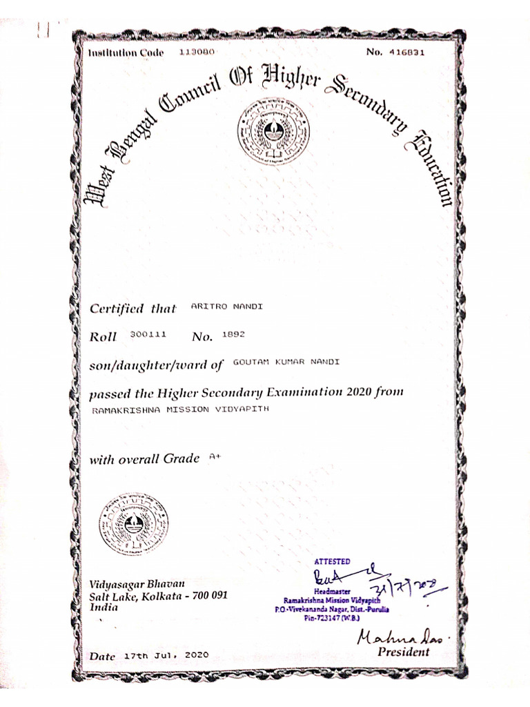 Class 12 Certificate | PDF