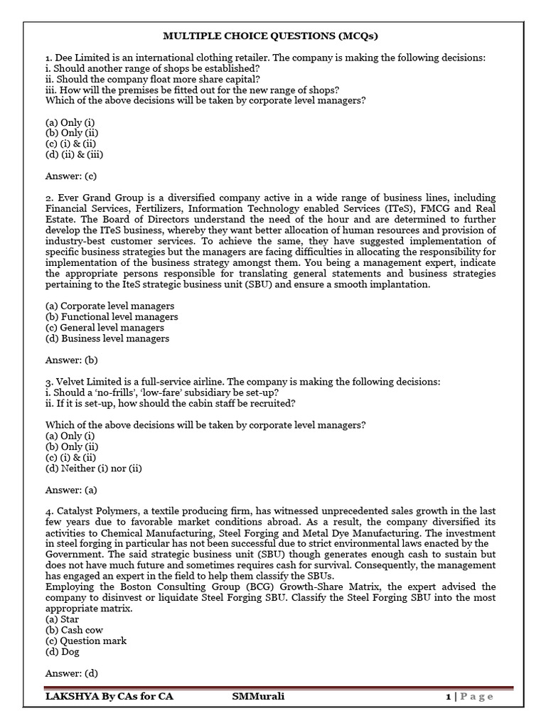 Corporate Strategy MCQs for CAs | PDF | Strategic Management | Mergers ...