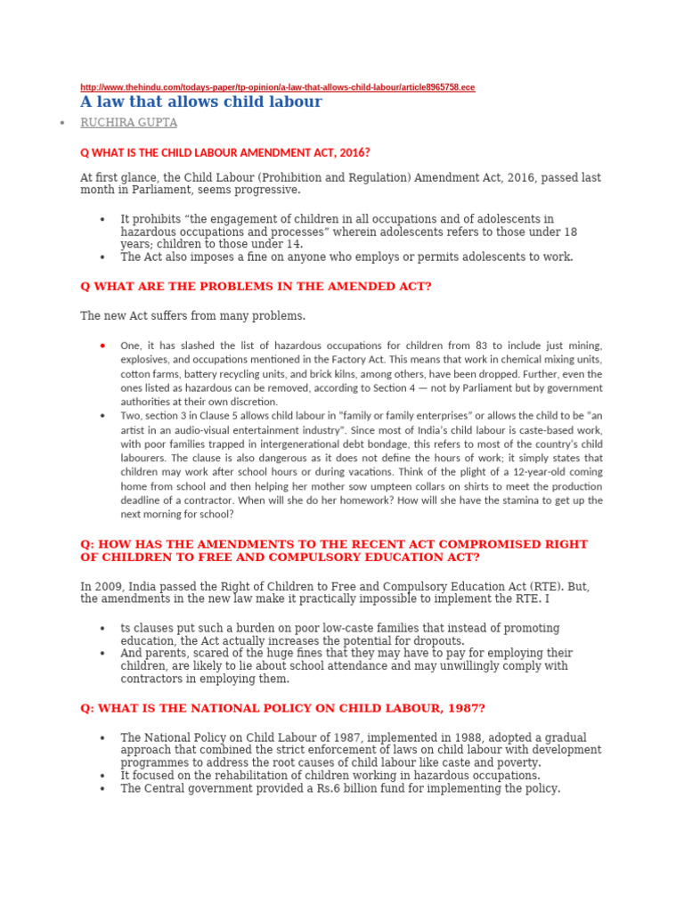 Child Labour Amendment Act 2016 Analysis | PDF | Child Labour ...