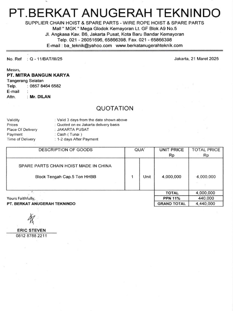 Penawaran Block Tengah HHBB Cap.5 Ton | PDF