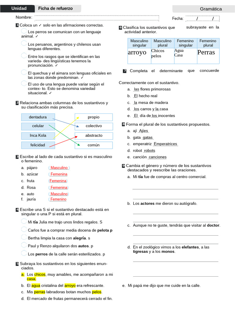 Fichas de Refuerzo - El Sustantivo | PDF | Sustantivo | Sintaxis