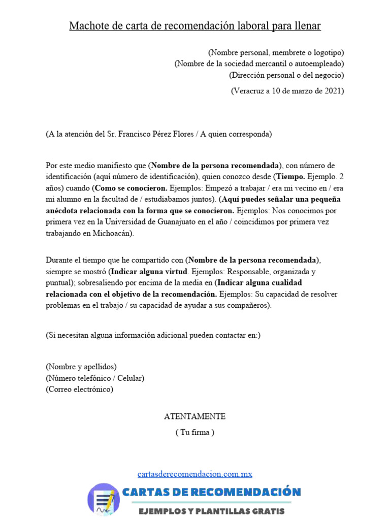 Machote de Carta de Recomendacion Laboral para Llenar | PDF