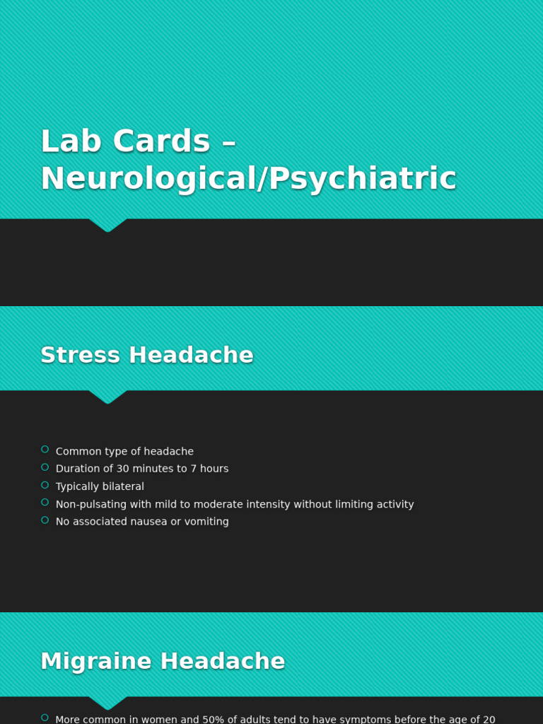 Lab Cards – Neurological | PDF | Headache | Migraine