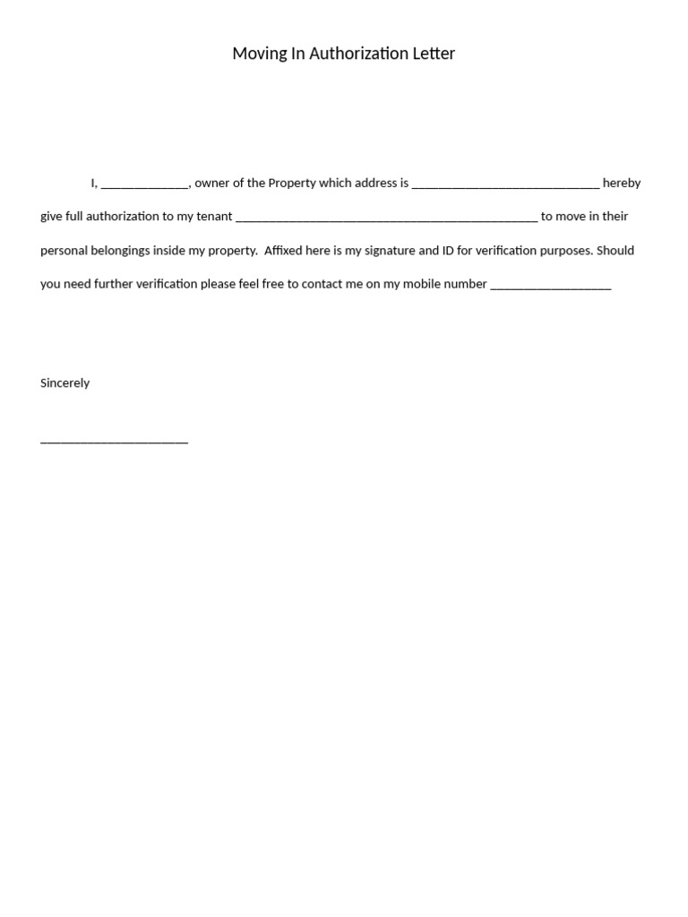 Moving in Authorization Letter | PDF