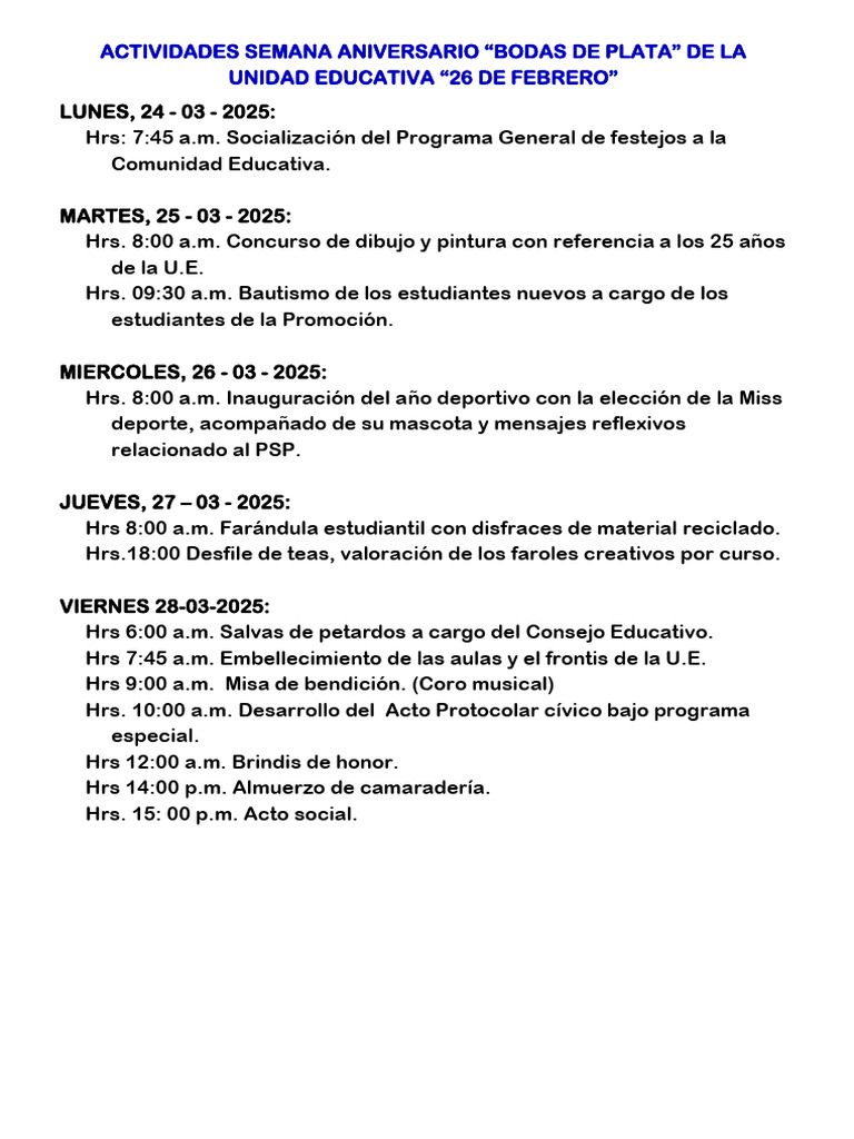 Programa Aniversario U. E. 2025 | PDF