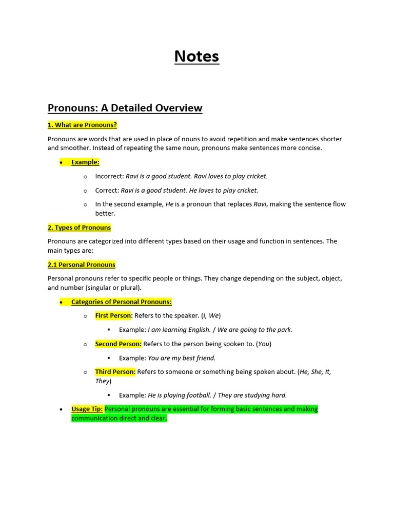 Notes - Pronouns (Personal, Possessive, Reflexive, Relative) | PDF ...