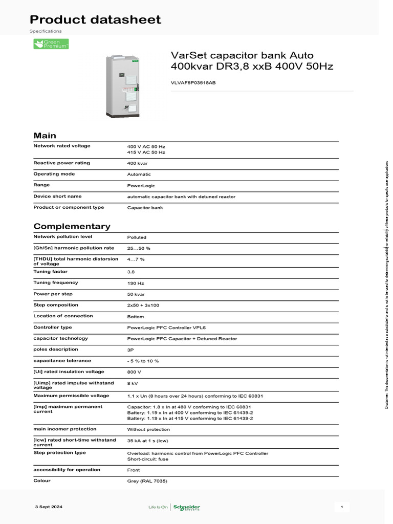 Schneider Electric PowerLogic PFC Capacitor Banks VLVAF5P03518AB | PDF | Capacitor | Transformer