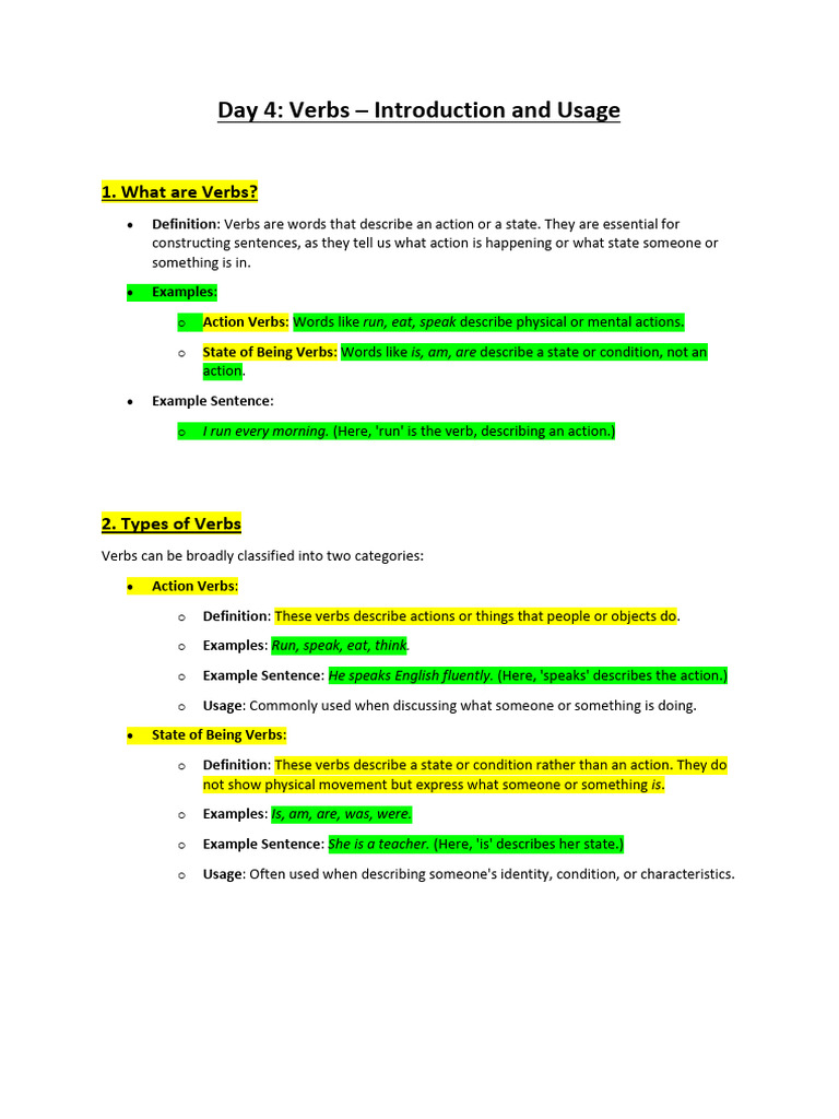 Notes - Verbs Introduction and Usage | PDF | Subject (Grammar) | Verb