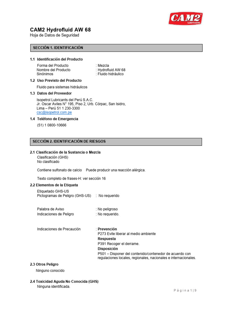MSDS- Hydrofluid AW 68 | PDF | Agua | Combustión