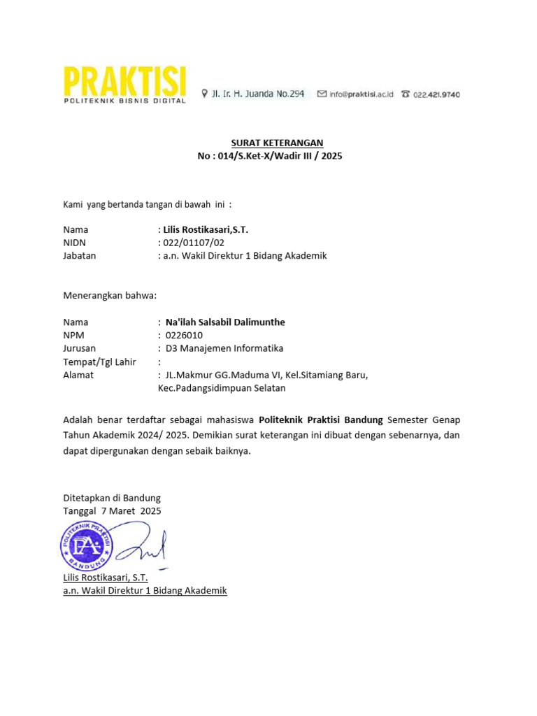 Surat keterangan a.n. Nailah Salsabil Dalimunthe | PDF