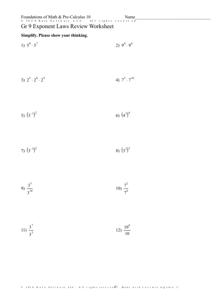 Exponent Laws Review Worksheet | PDF