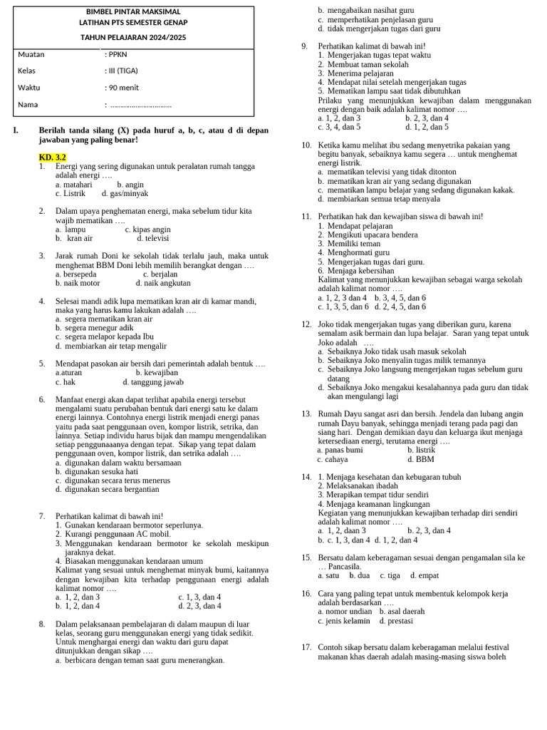 Soal PTS 2 PPKN Kelas 3 K13 | PDF