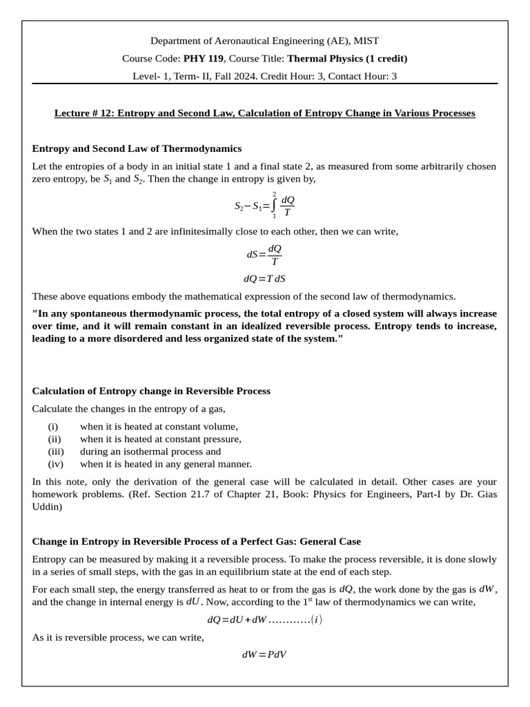 Entropy Change in Reversible Processes | PDF | Entropy | Heat