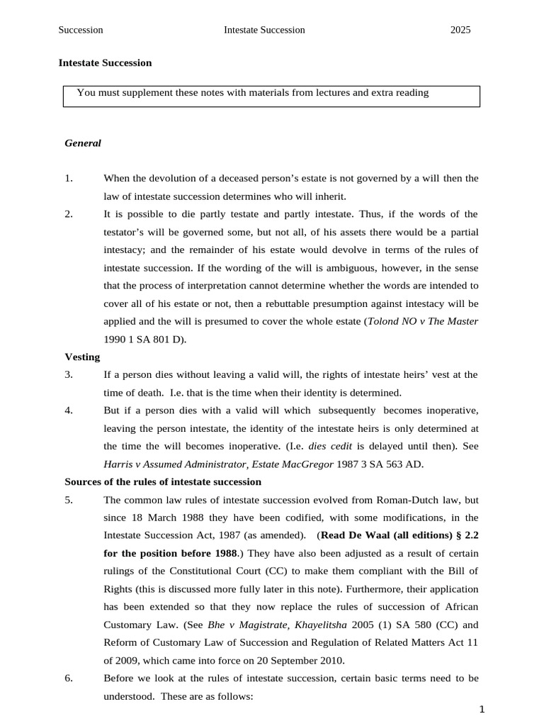 Intestate Succession 2025 - Notes | PDF | Intestacy | Justice