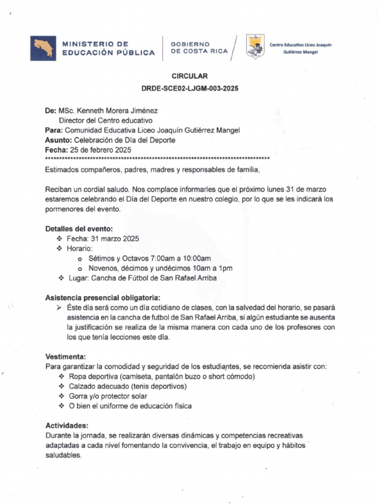 Circular Día Del Deporte | PDF