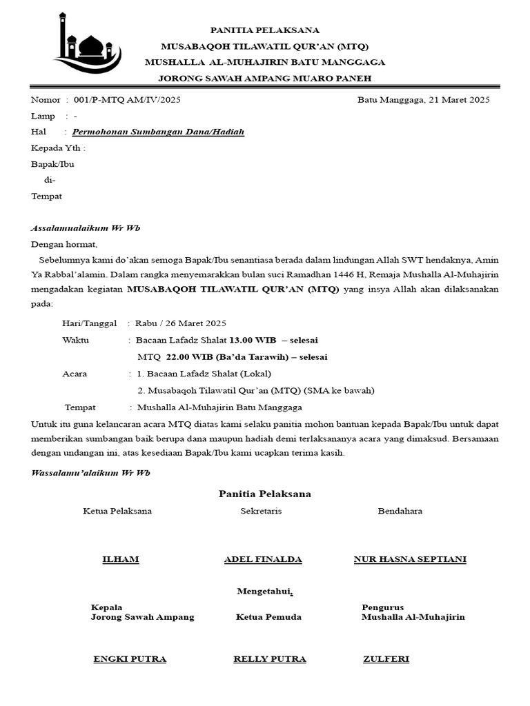 Surat Undangan MTQ Surau | PDF