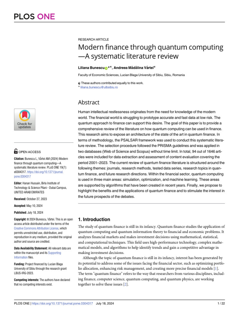 Modern Finance Through Quantum Computing A Systematic Literature Review - 2024 - Public Library ...