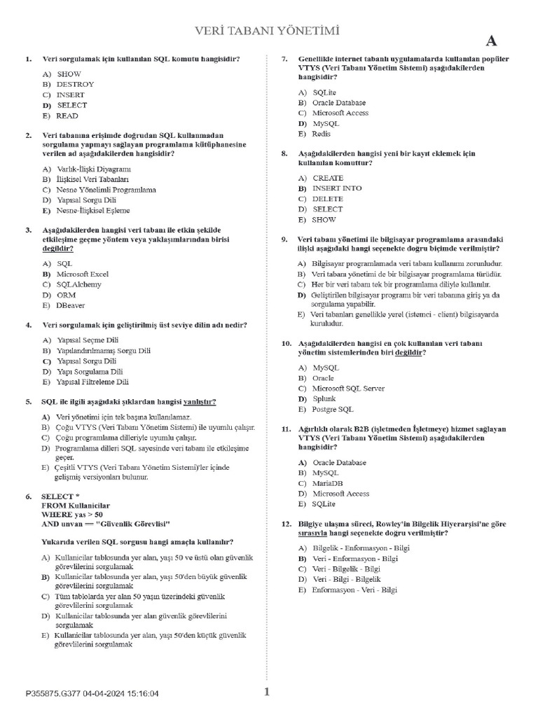 Vize - Veri Tabanı Yön. - 2024 Bahar | PDF