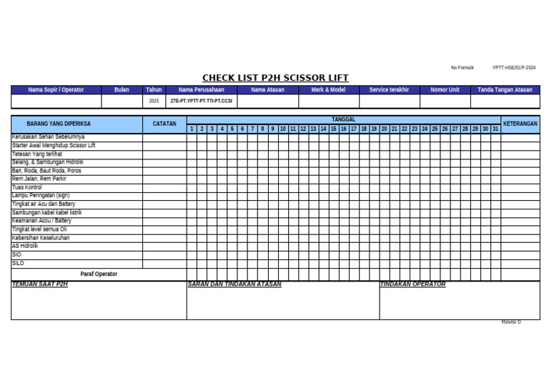 Checklist P2H Scissor Lift 2024 | PDF