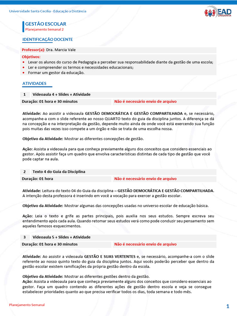 Planejamento_Semanal_2 | PDF | Pensamento