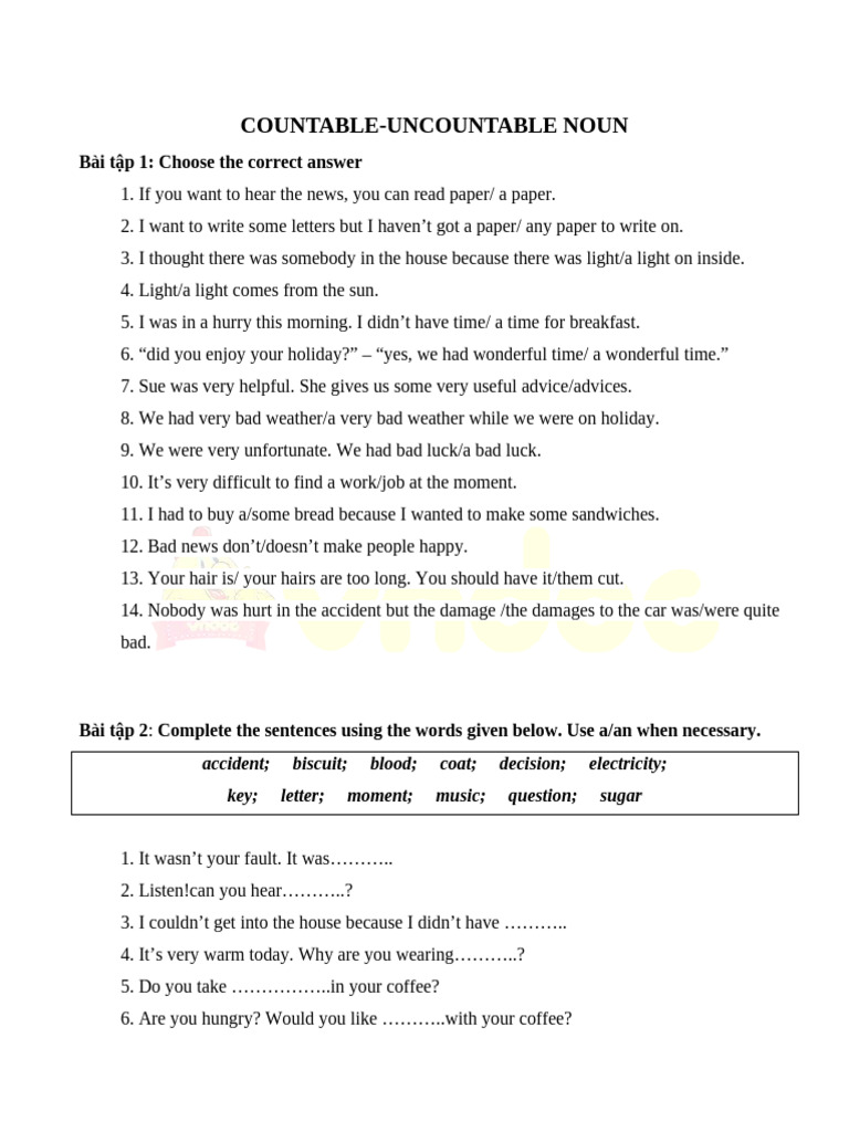 Countable and Uncountable Nouns Exercises | PDF